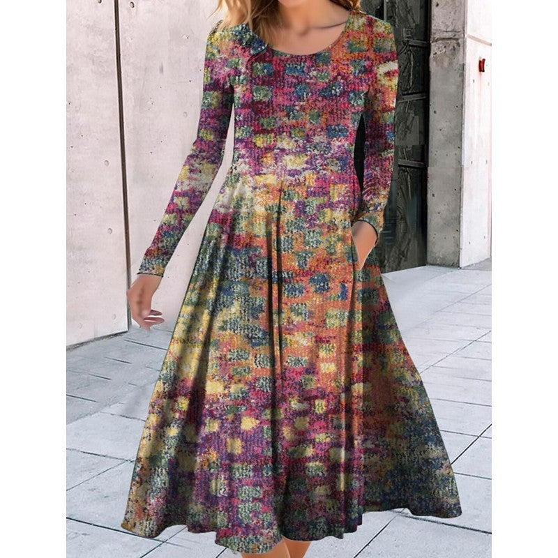Crew Neck Long Sleeve Loose Geometric Pattern Printed Pendulum Dress m ...