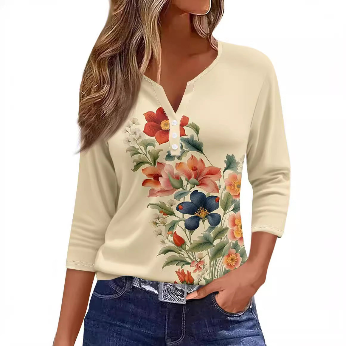 3D printed women's V-neck three-button seven-quarter sleeve fashion ca ...